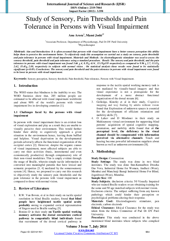 (PDF) Study of Sensory, Pain Thresholds and Pain Tolerance in Persons ...