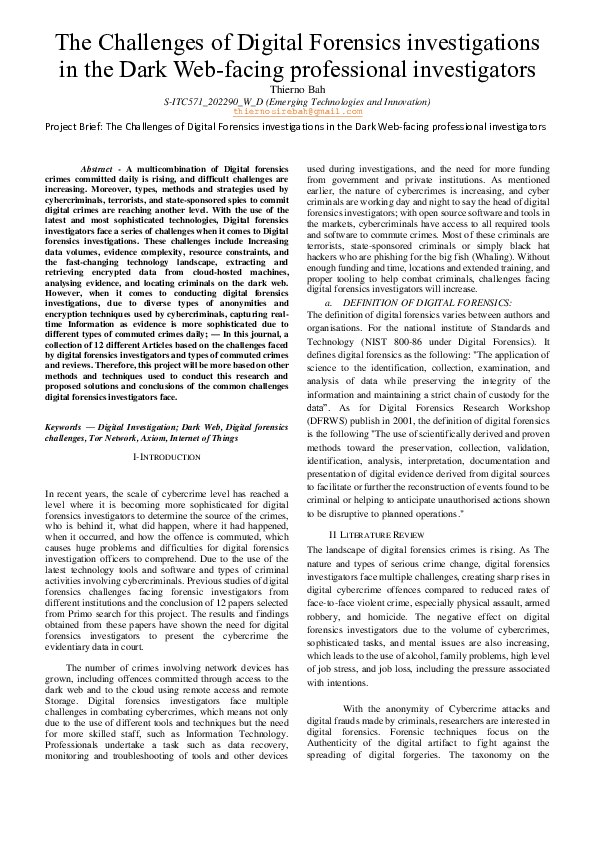 (PDF) The Challenges of Digital Forensics investigations in the Dark ...