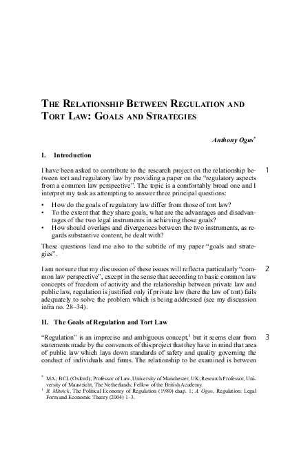 (PDF) The Relationship Between Regulation and Tort Law: Goals and ...