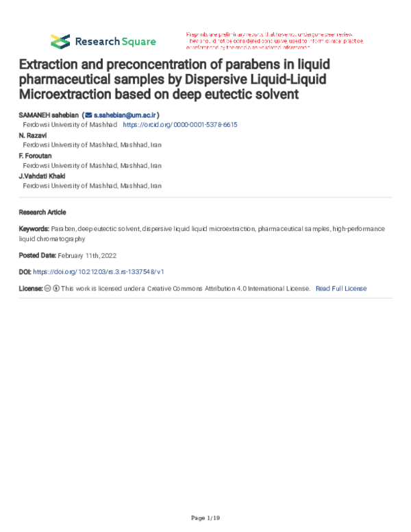 (PDF) Extraction and pre‐concentration of parabens in liquid ...