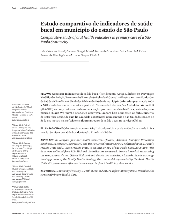 (PDF) Estudo comparativo de indicadores de saúde bucal em município do ...