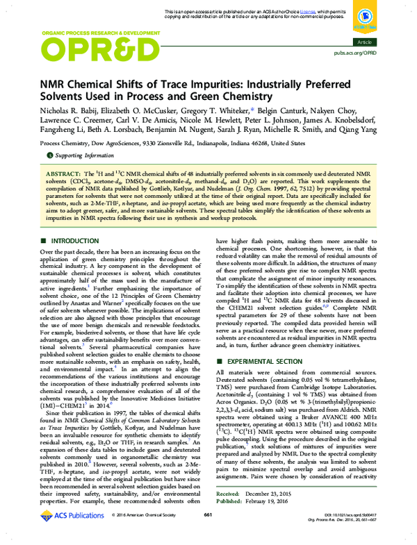 (PDF) NMR Chemical Shifts of Trace Impurities: Industrially Preferred ...