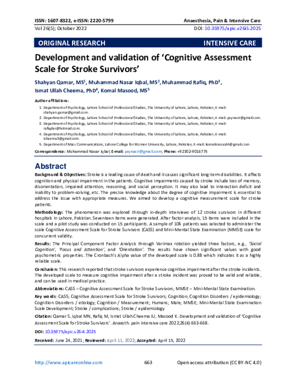 (PDF) Development and validation of ‘Cognitive Assessment Scale for Stroke Survivors’