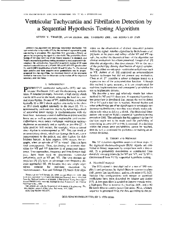 Pdf Ventricular Tachycardia And Fibrillation Detection By A Sequential Hypothesis Testing