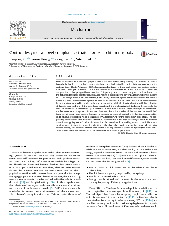 Pdf Control Design Of A Novel Compliant Actuator For Rehabilitation Robots