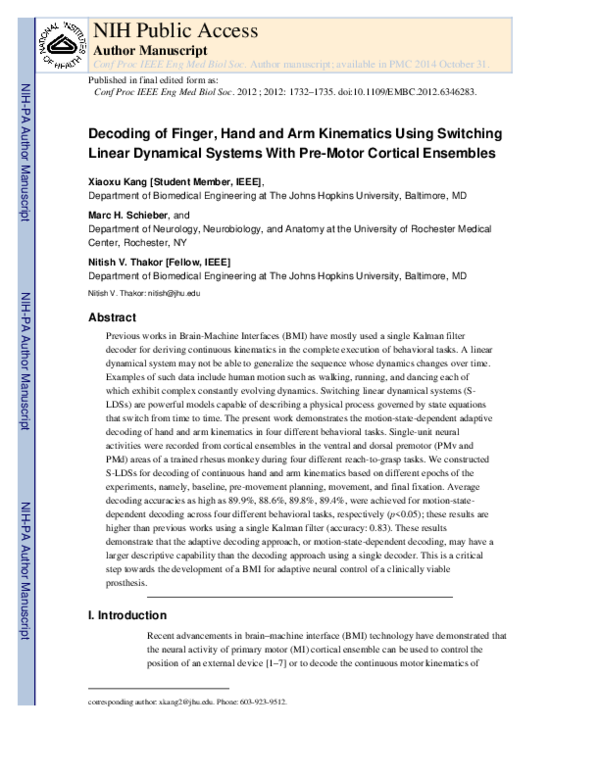 (PDF) Decoding of finger, hand and arm kinematics using switching linear dynamical systems with ...