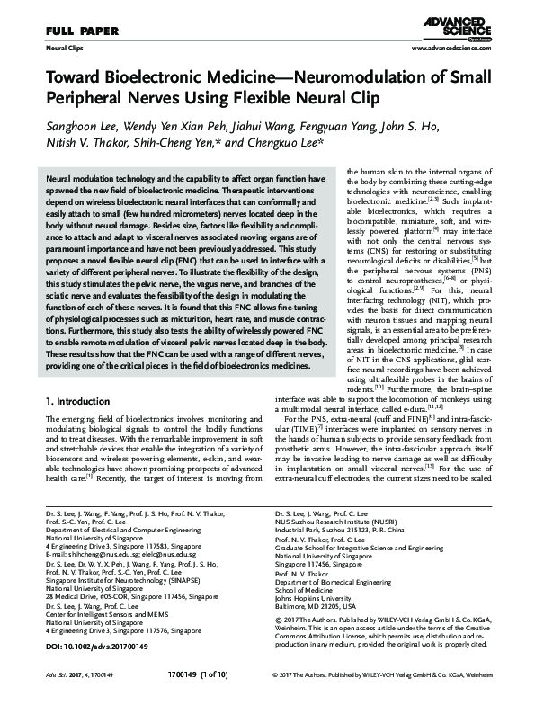 Pdf Toward Bioelectronic Medicine Neuromodulation Of Small Peripheral