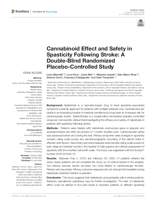 (PDF) Cannabinoid Effect and Safety in Spasticity Following Stroke: A Double-Blind Randomized ...