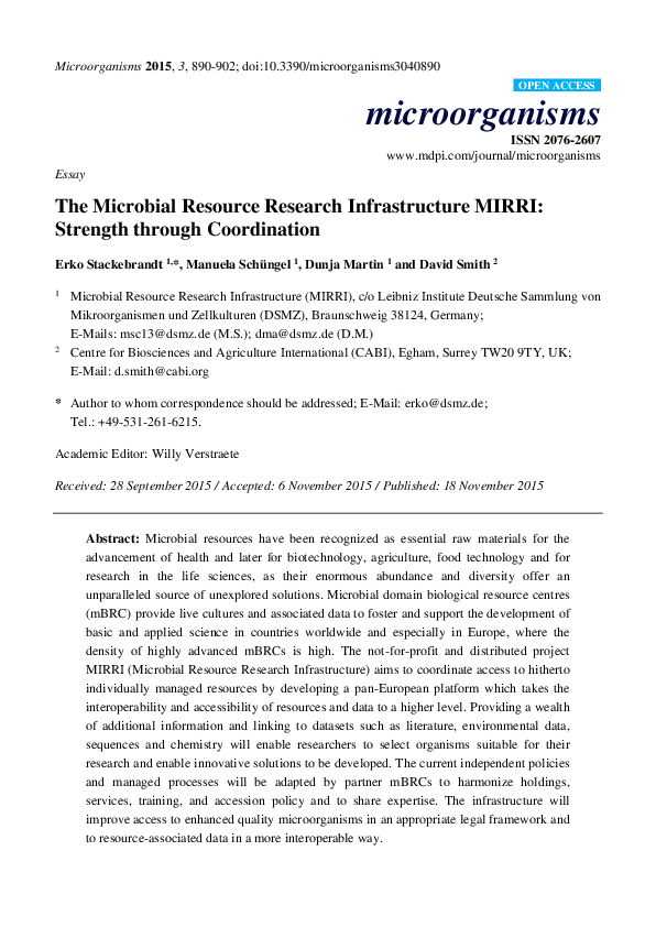 (PDF) The Microbial Resource Research Infrastructure MIRRI: Strength through Coordination
