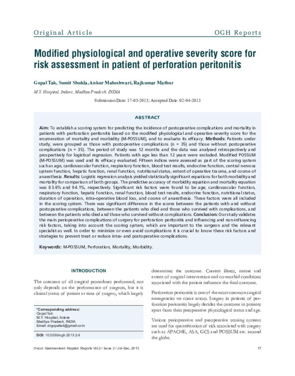 (PDF) Modified physiological and operative severity score for risk ...