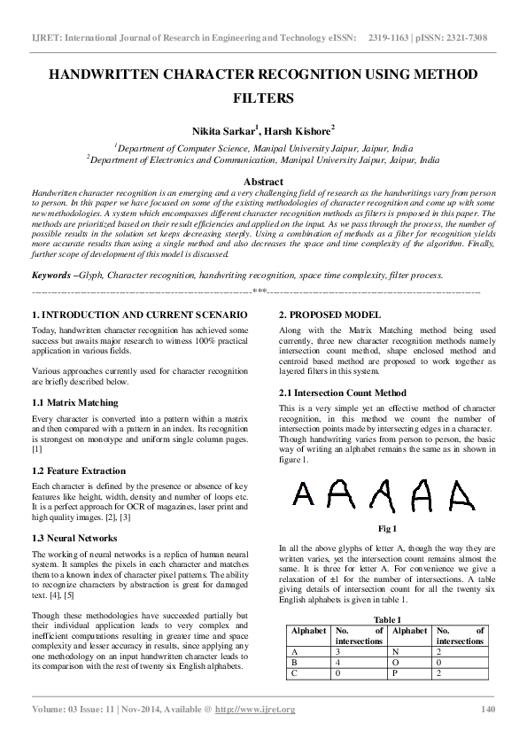 (PDF) Handwritten Character Recognition Using Method Filters