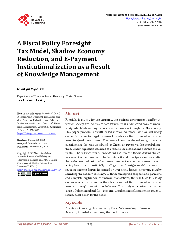 (PDF) A Fiscal Policy Foresight Tax Model, Shadow Economy Reduction, and E-Payment ...