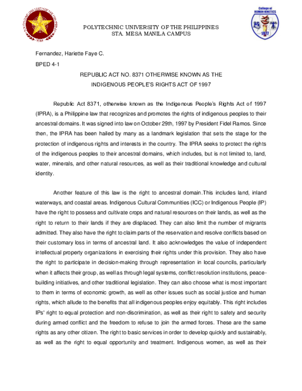 (PDF) REPUBLIC ACT NO. 8371 OTHERWISE KNOWN AS THE INDIGENOUS PEOPLE’S ...