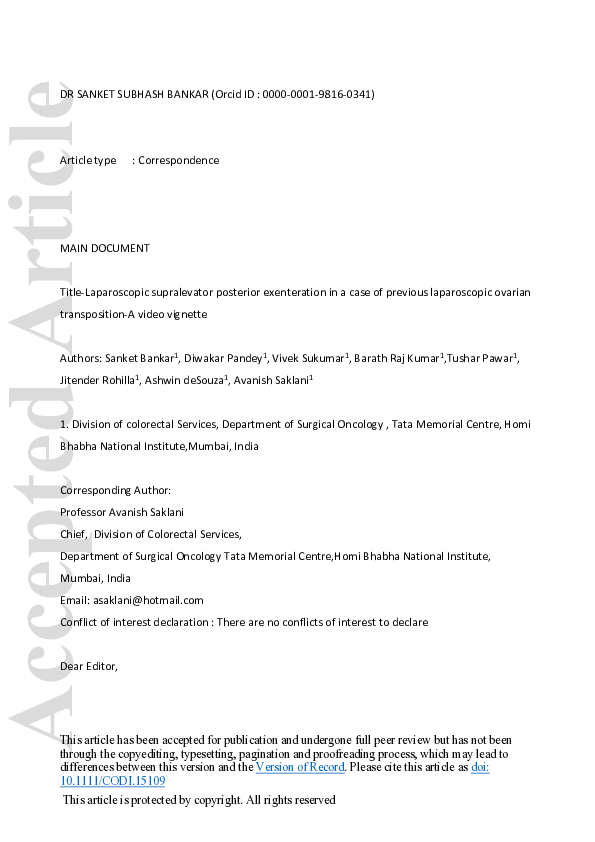 (PDF) Laparoscopic supralevator posterior exenteration in a case of ...