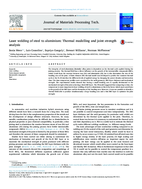 (PDF) Laser welding of steel to aluminium: Thermal modelling and joint ...