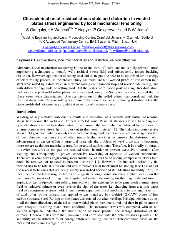 (PDF) Characterisation of Residual Stress State and Distortion in ...