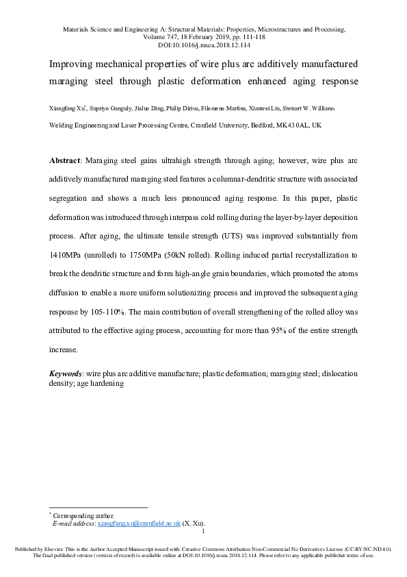 (PDF) Improving mechanical properties of wire plus arc additively manufactured maraging steel ...