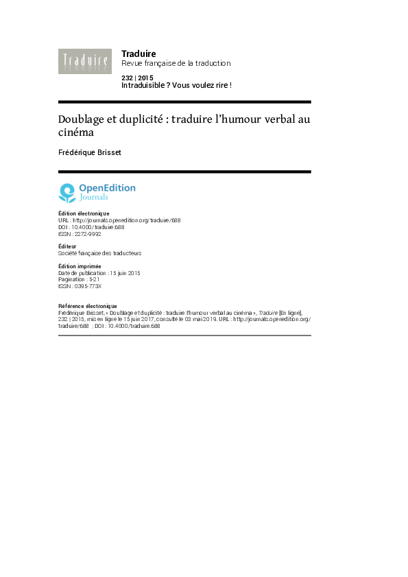 (PDF) Doublage et duplicité : traduire l’humour verbal au cinéma