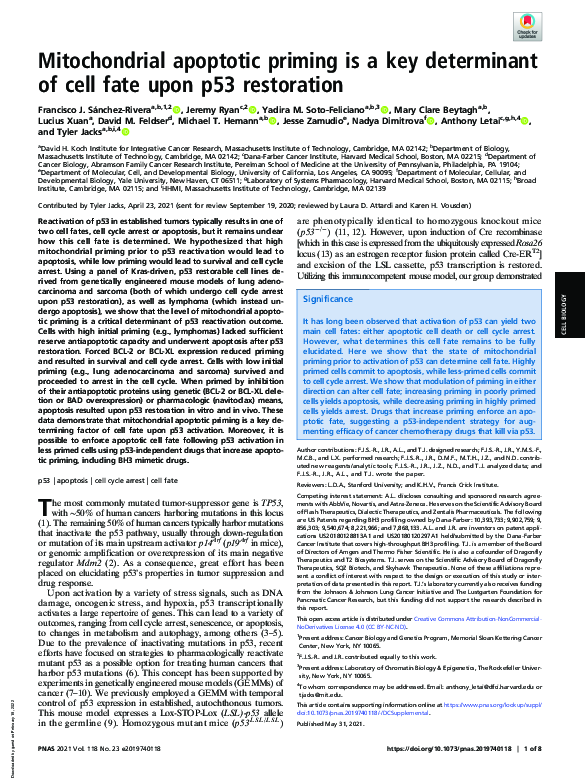 (PDF) Mitochondrial apoptotic priming is a key determinant of cell fate upon p53 restoration ...
