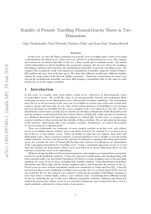 (PDF) Stability of periodic travelling flexural-gravity waves in two ...