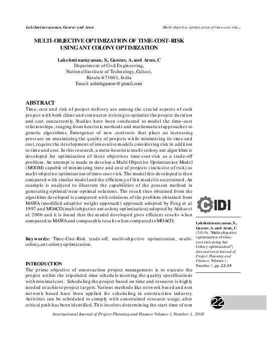 Pdf Multi Objective Optimization Of Time Cost Risk Using Ant Colony Optimization
