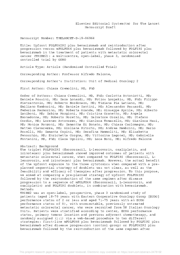 (PDF) Upfront FOLFOXIRI plus bevacizumab and reintroduction after ...
