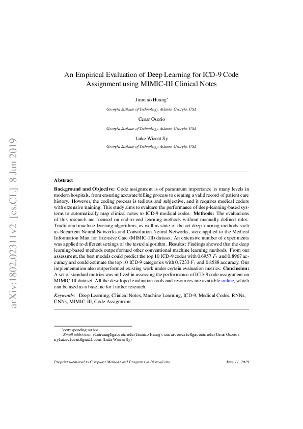 Pdf An Empirical Evaluation Of Deep Learning For Icd 9 Code Assignment Using Mimic Iii
