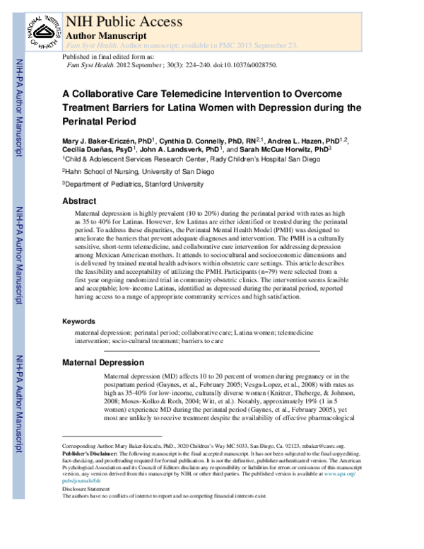 (PDF) A collaborative care telemedicine intervention to overcome treatment barriers for Latina ...