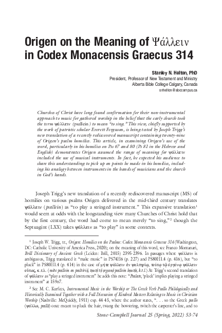 (PDF) Origen on the Meaning of Psallein in Codex Monacensis Graecus 314