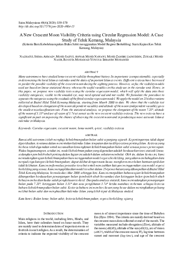 (PDF) A New Crescent Moon Visibility Criteria using Circular Regression Model: A Case Study of ...