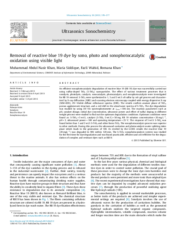 (PDF) Removal of reactive blue 19 dye by sono, photo and ...