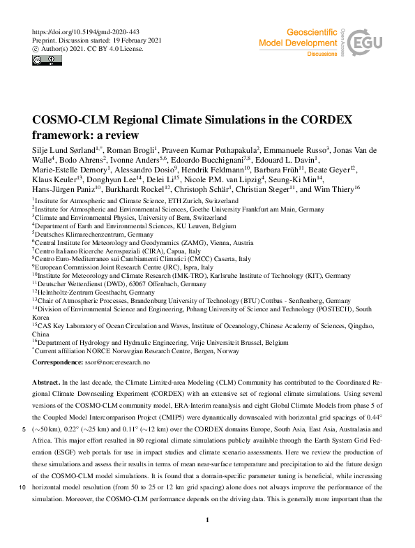 (PDF) COSMO-CLM Regional Climate Simulations in the CORDEX framework: a review