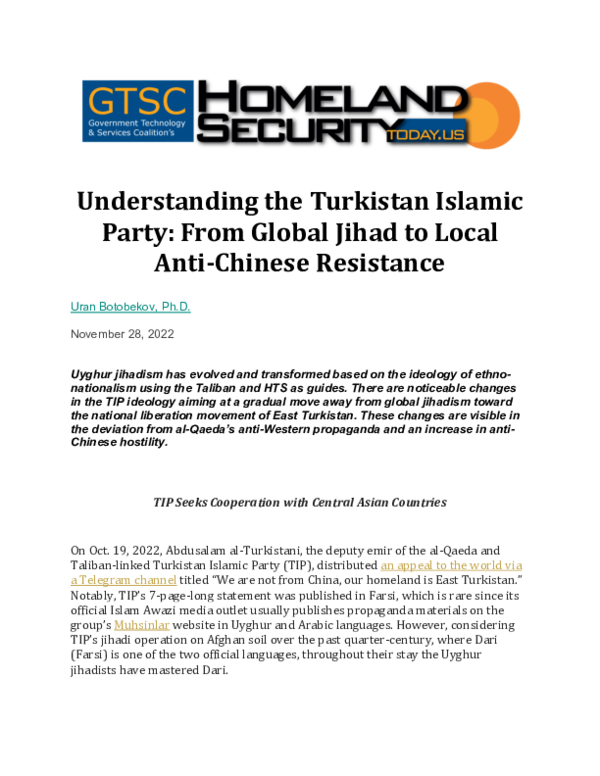(PDF) Understanding the Turkistan Islamic Party: From Global Jihad to ...