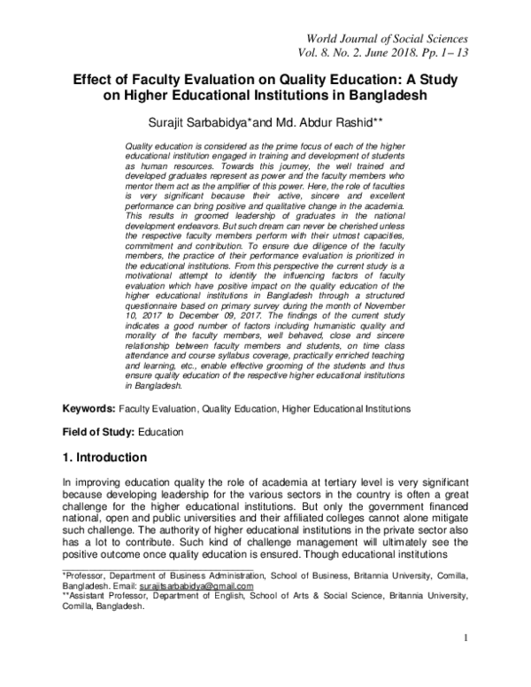 (PDF) Effect of Faculty Evaluation on Quality Education: A Study on ...