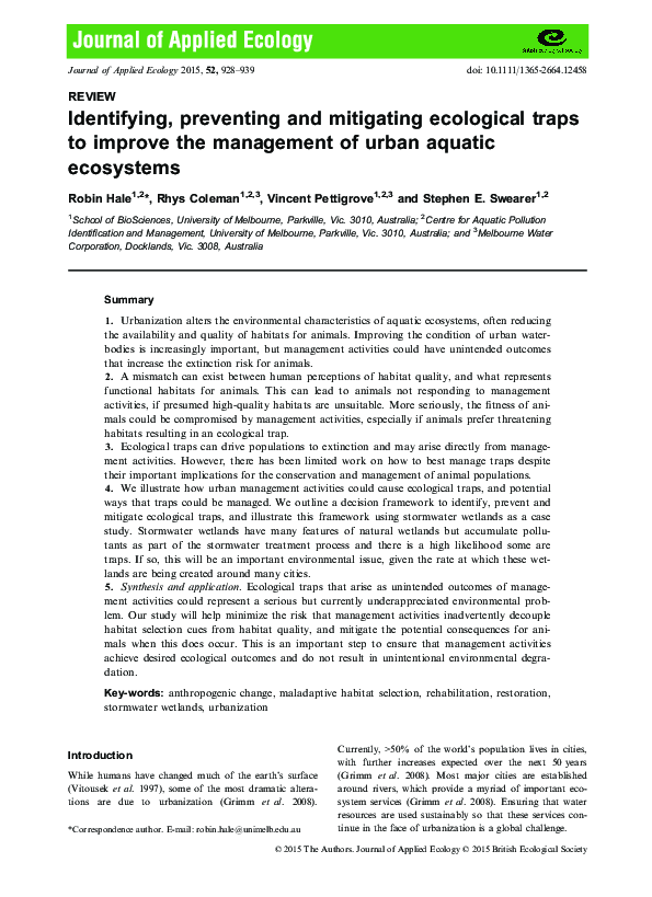 (PDF) REVIEW: Identifying, preventing and mitigating ecological traps ...