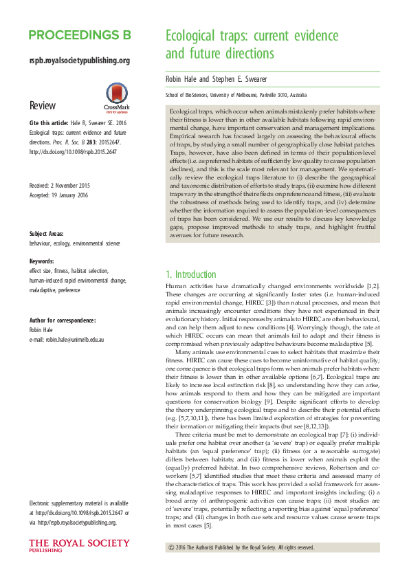 (PDF) Ecological traps: current evidence and future directions