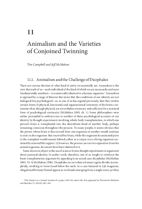 (PDF) Animalism and the varieties of conjoined twinning