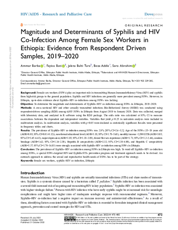 Pdf Magnitude And Determinants Of Syphilis And Hiv Co Infection Among 6554