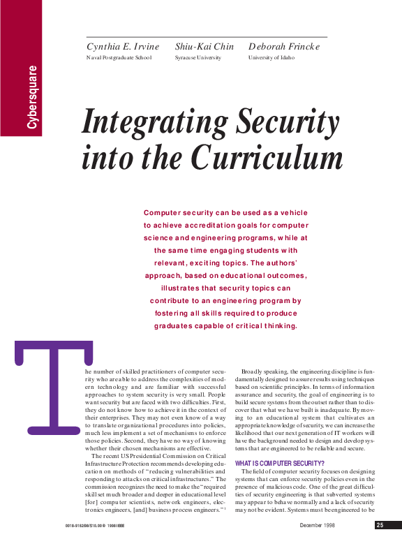 (PDF) Integrating security into the curriculum