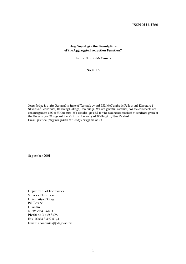 (PDF) How Sound are the Foundations of the Aggregate Production Function?