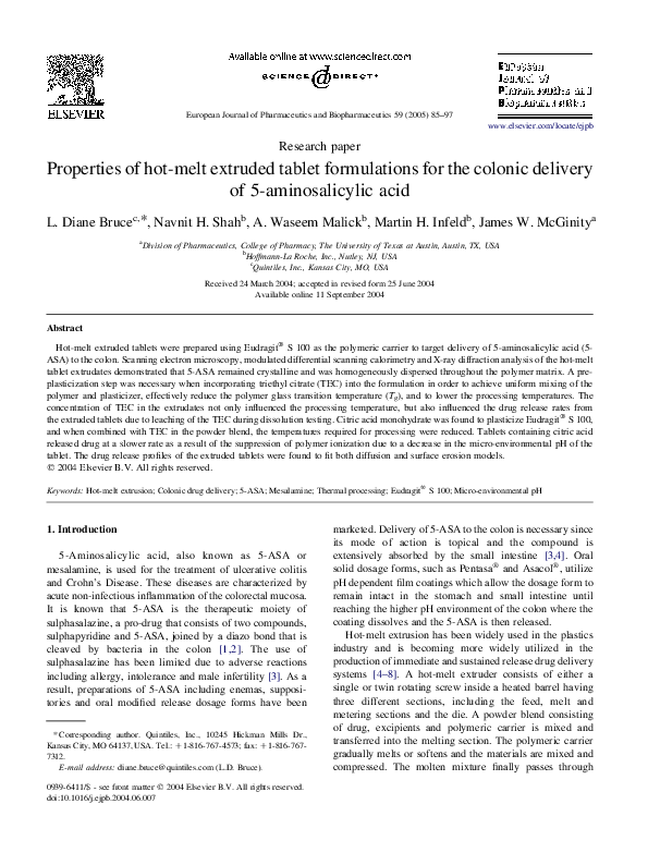(PDF) Properties of hot-melt extruded tablet formulations for the ...