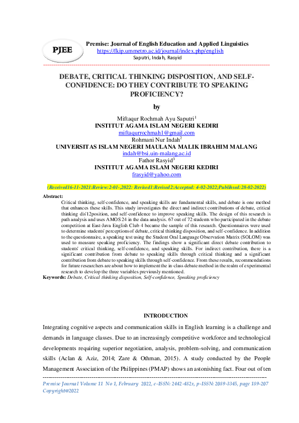 (PDF) Debate, Critical Thinking Disposition, and Self-confidence: Do ...