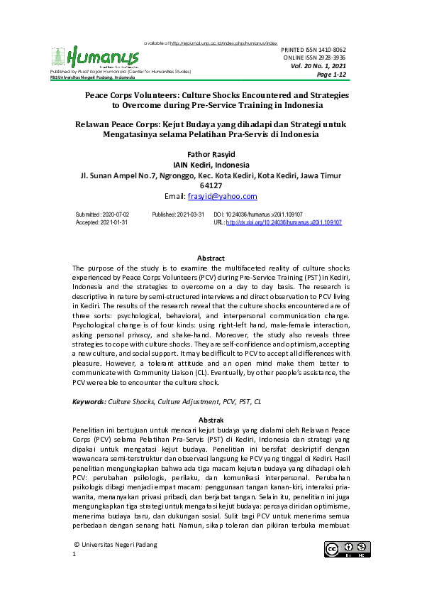 (PDF) Peace Corps Volunteers: Culture Shocks Encountered and Strategies ...