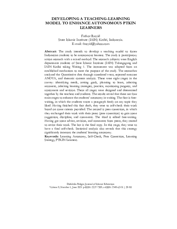 (PDF) Developing a Teaching-Learning Model to Enhance Autonomous Ptkin Learners