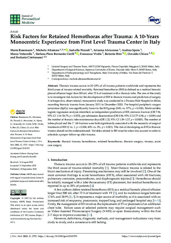(PDF) Risk Factors for Retained Hemothorax after Trauma: A 10-Years ...