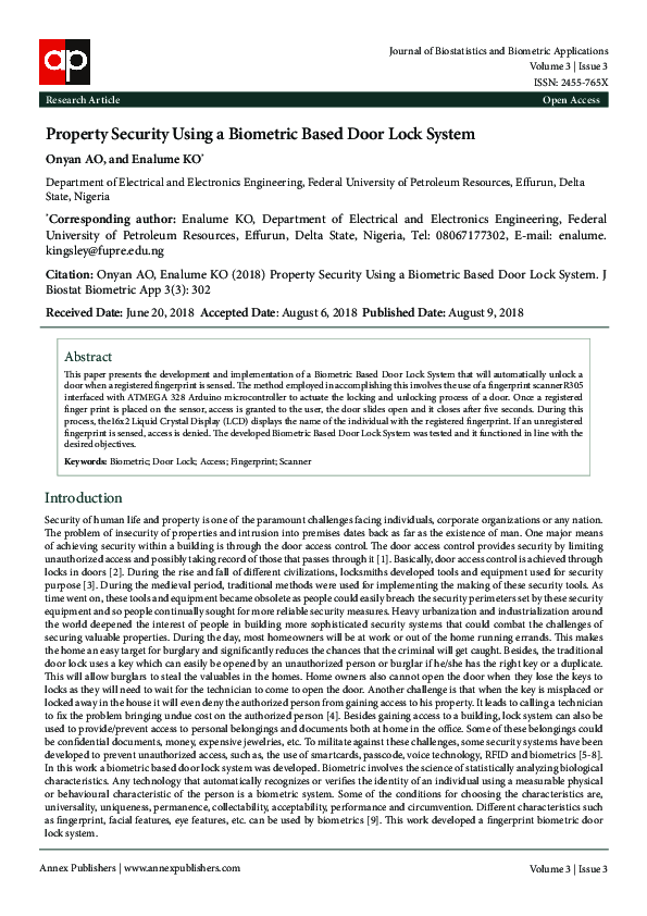 (PDF) Property Security Using a Biometric Based Door Lock System