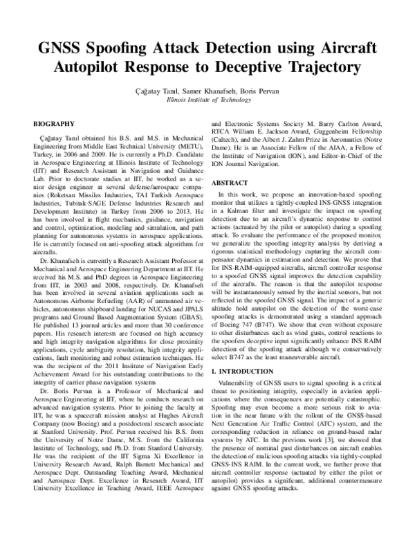 (PDF) GNSS Spoofing Attack Detection using Aircraft Autopilot Response to Deceptive Trajectory