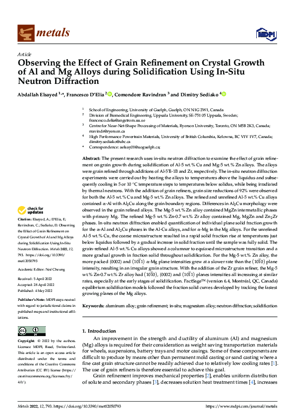 Pdf Observing The Effect Of Grain Refinement On Crystal Growth Of Al And Mg Alloys During