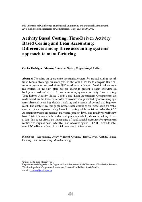 Pdf Activity Based Costing Time Driven Activity Based Costing And Lean Accounting