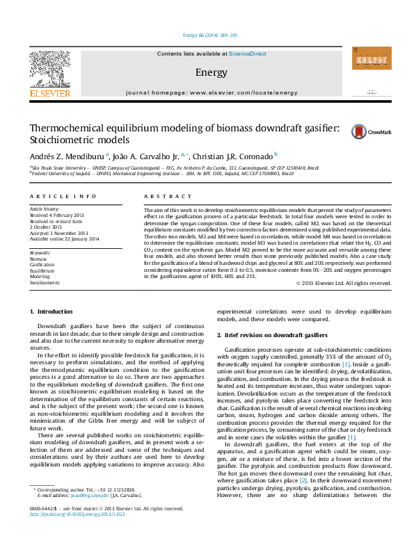 (PDF) Thermochemical equilibrium modeling of biomass downdraft gasifier ...